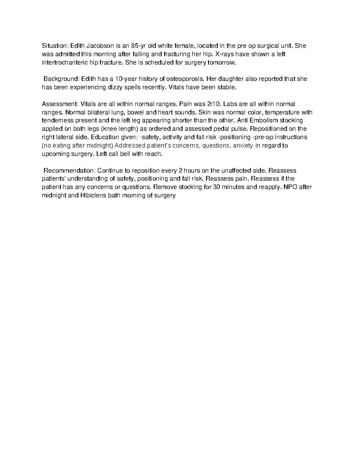 Sbar report for patient Edith Jacobson 410: Pre-op assessment and plan ...