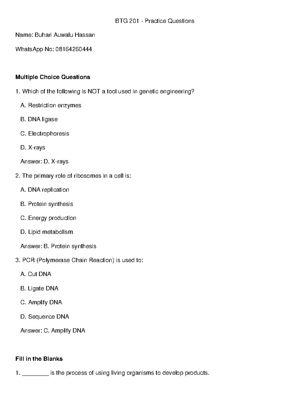 BTG 201 Practice Questions: Genetic Engineering & Molecular Biology ...