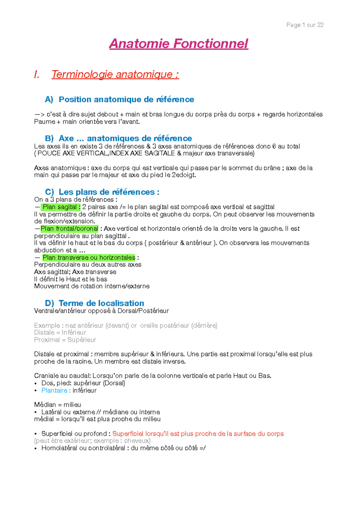 Anatomie fonctionnel CM - Anatomie Fonctionnel I. Terminologie ...