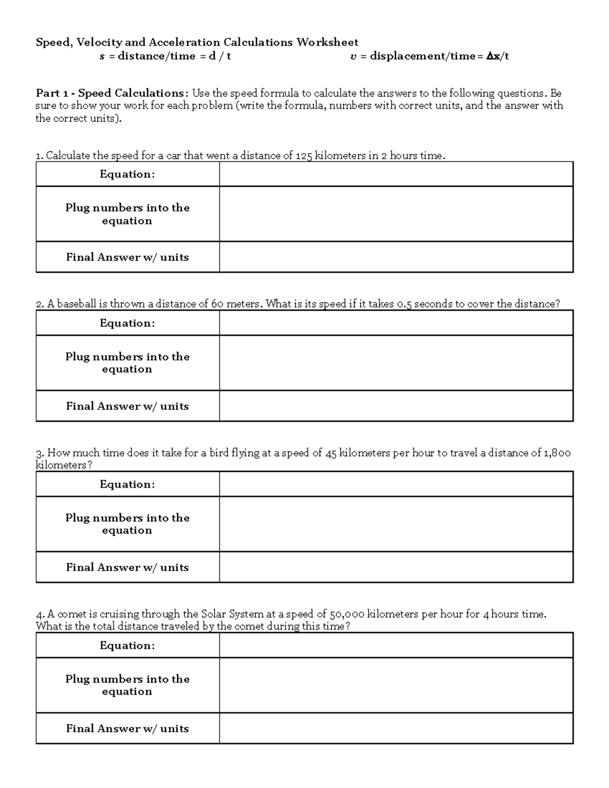 Speed, Velocity & Acceleration Worksheet (s d t v) - Studocu