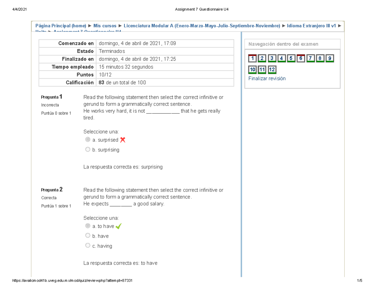 Cuestionario de la Asignatura 7 - Idioma Extranjero III U4 - Studocu