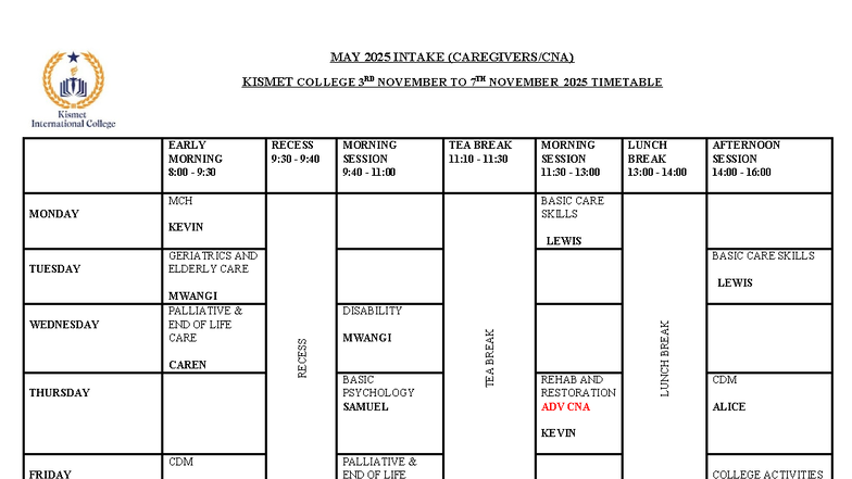 KISMET COLLEGE NOV 2025 TIMETABLE (3RD-7TH) - UPDATED - Studocu