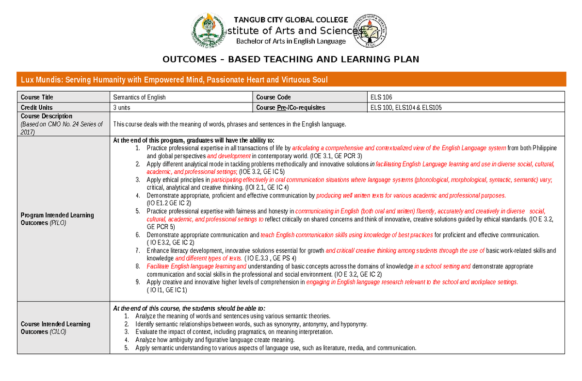 ELS 106: Outcomes-Based Teaching & Learning Plan in Semantics - Studocu