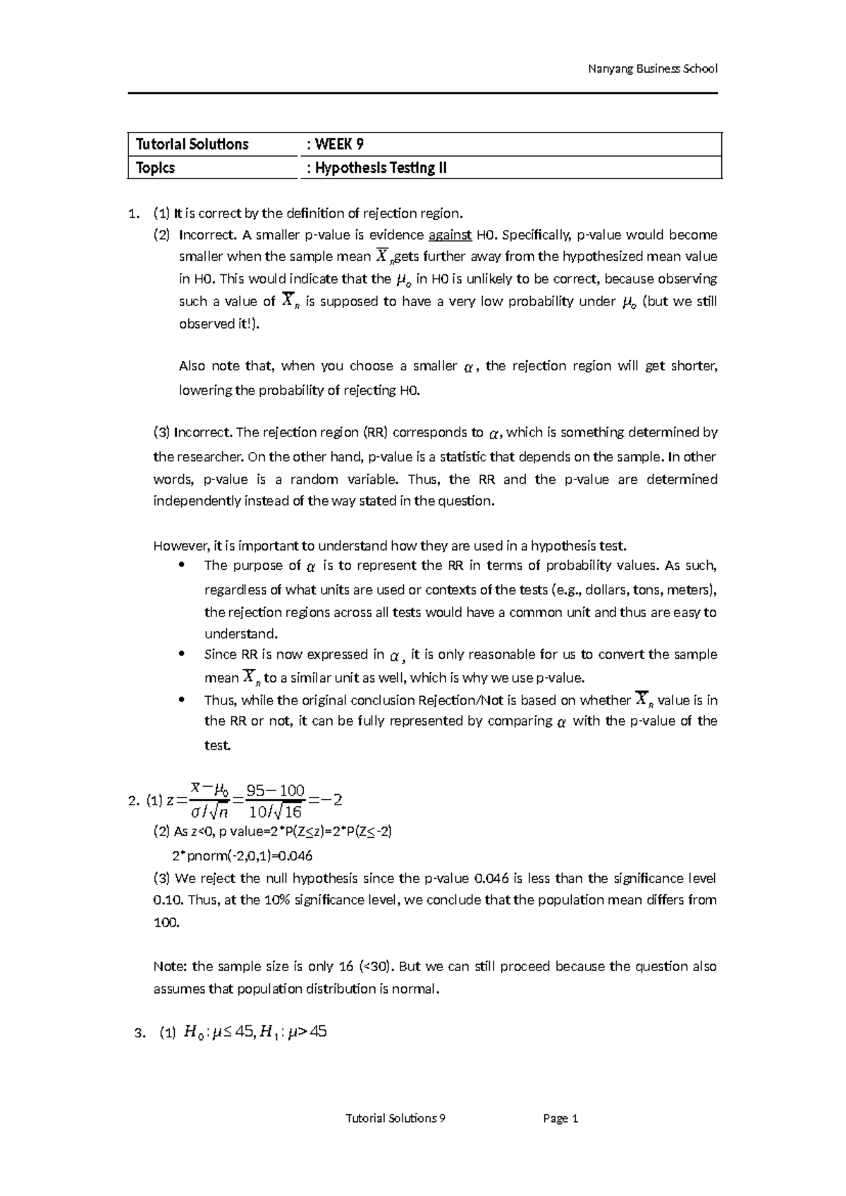 NBS Tutorial Solutions: Week 9 - Hypothesis Testing II - Studocu