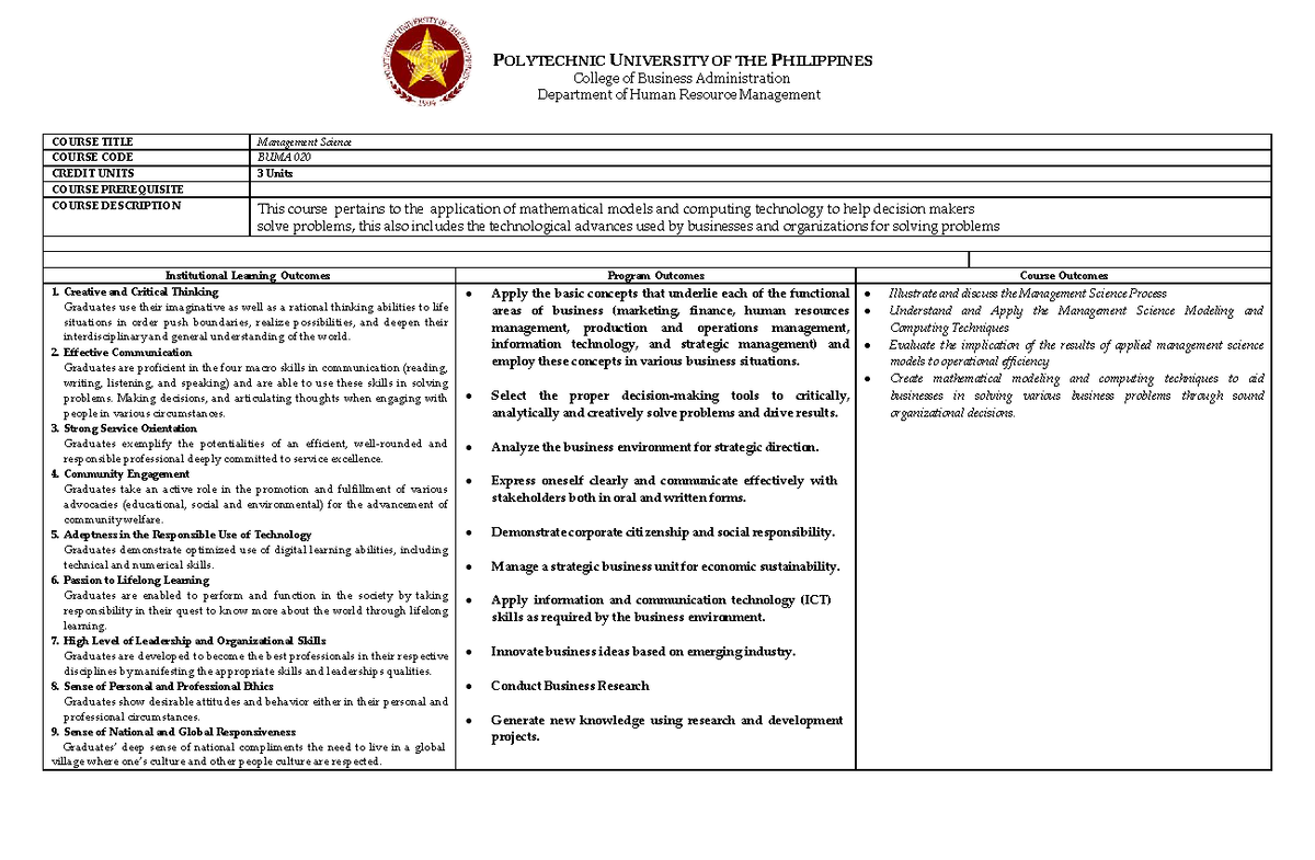 Syllabus for Management Science BUMA 020: Course Overview and Requirements - Studocu