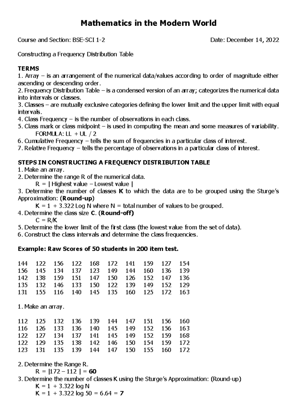 BSE-SCI 1-2: Chapter 4 - Frequency Distribution Table Construction ...