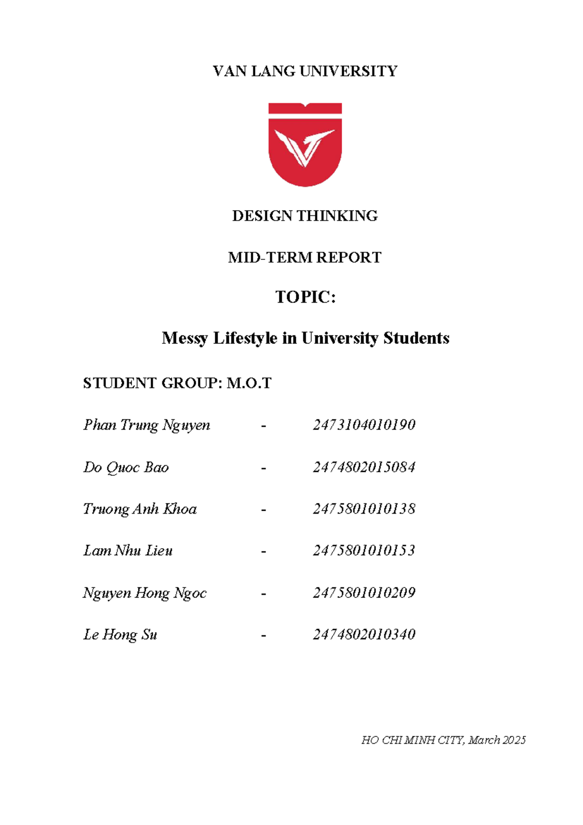 VAN LANG UNIVERSITY DESIGN THINKING REPORT: Messy Lifestyle of Students ...