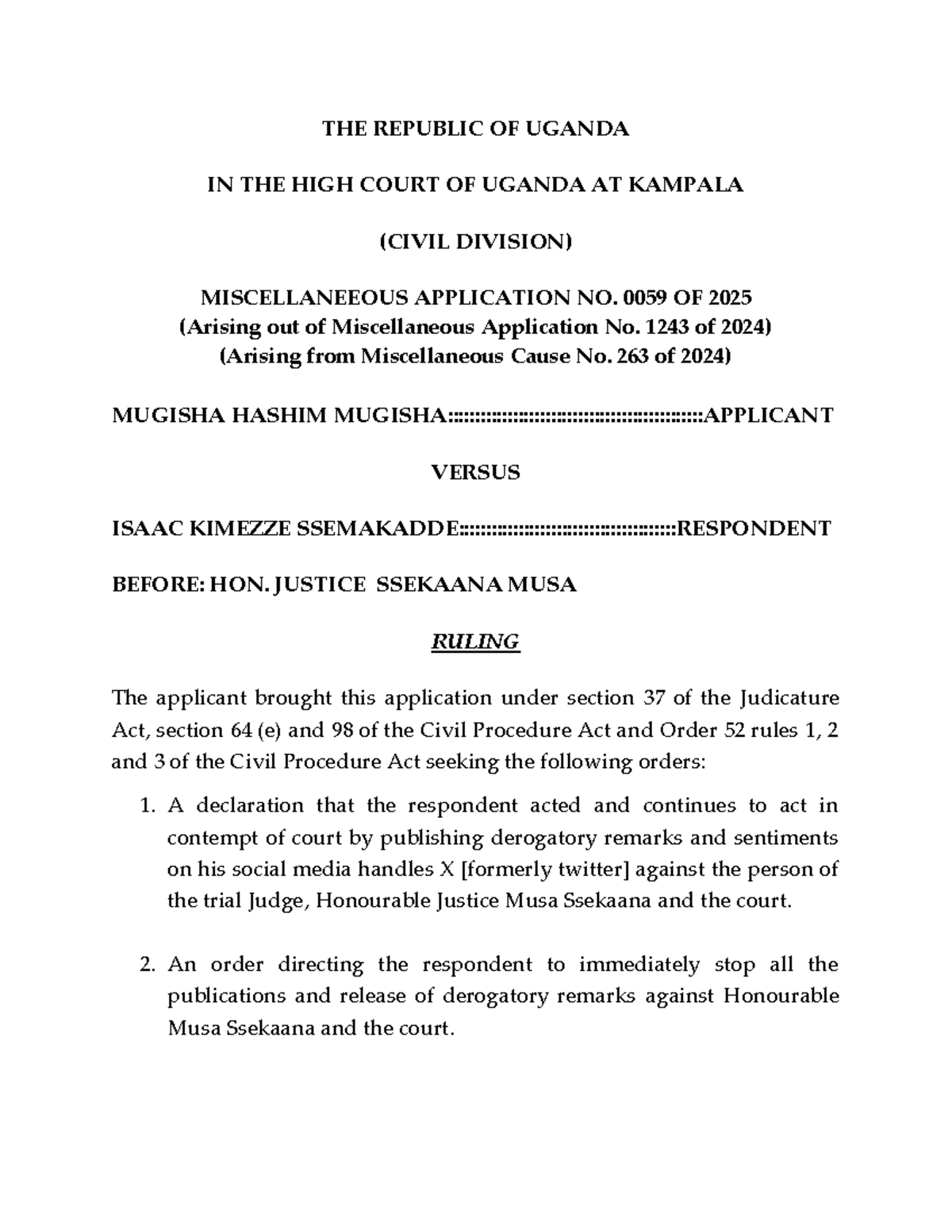 Mugisha v Ssemakadde: Ruling on Contempt of Court Application, 2025 ...