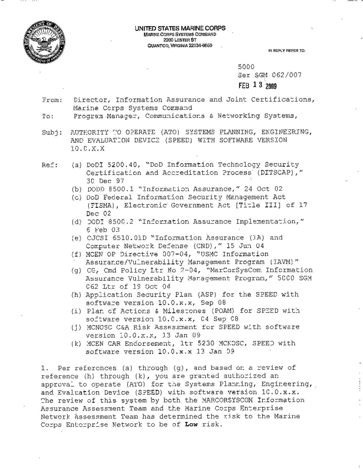 ATO Approval for SPEED 10.0.X.X - USMC Systems Command (MCSC) - Studocu