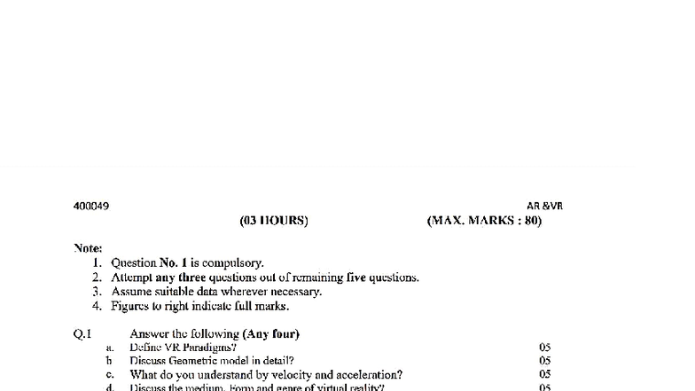 AR & VR PYQ: Exam Questions & Key Concepts (03 HOURS, MAX 80 MARKS ...