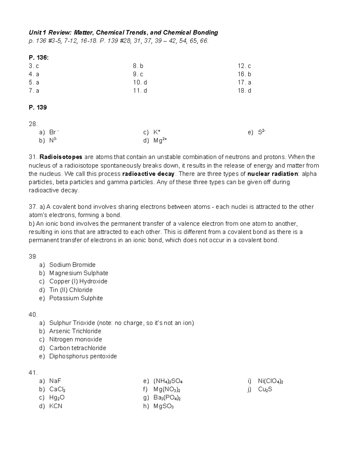 Unit 1 Review: Matter, Trends & Bonding Answer Key (Chemistry) - Studocu
