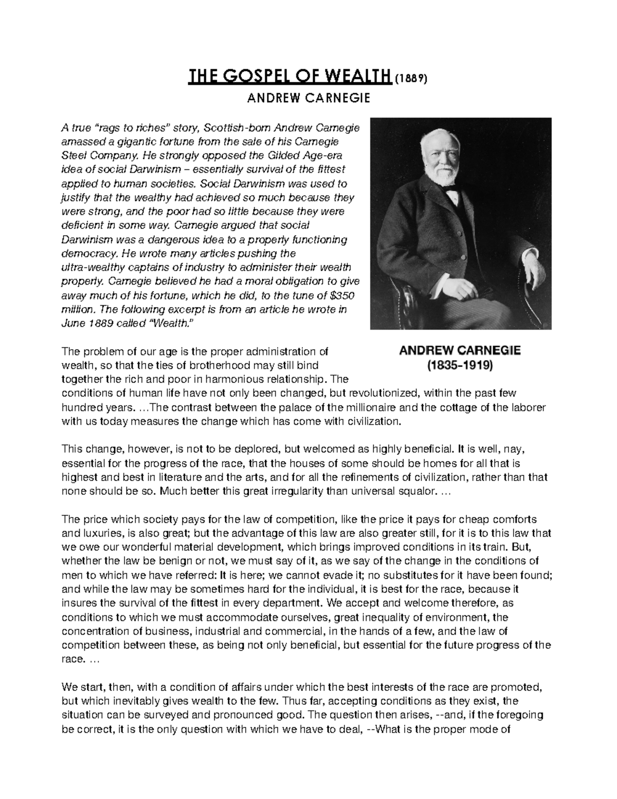 Andrew Carnegie's Gospel of Wealth Analysis Worksheet - APUSH - Studocu