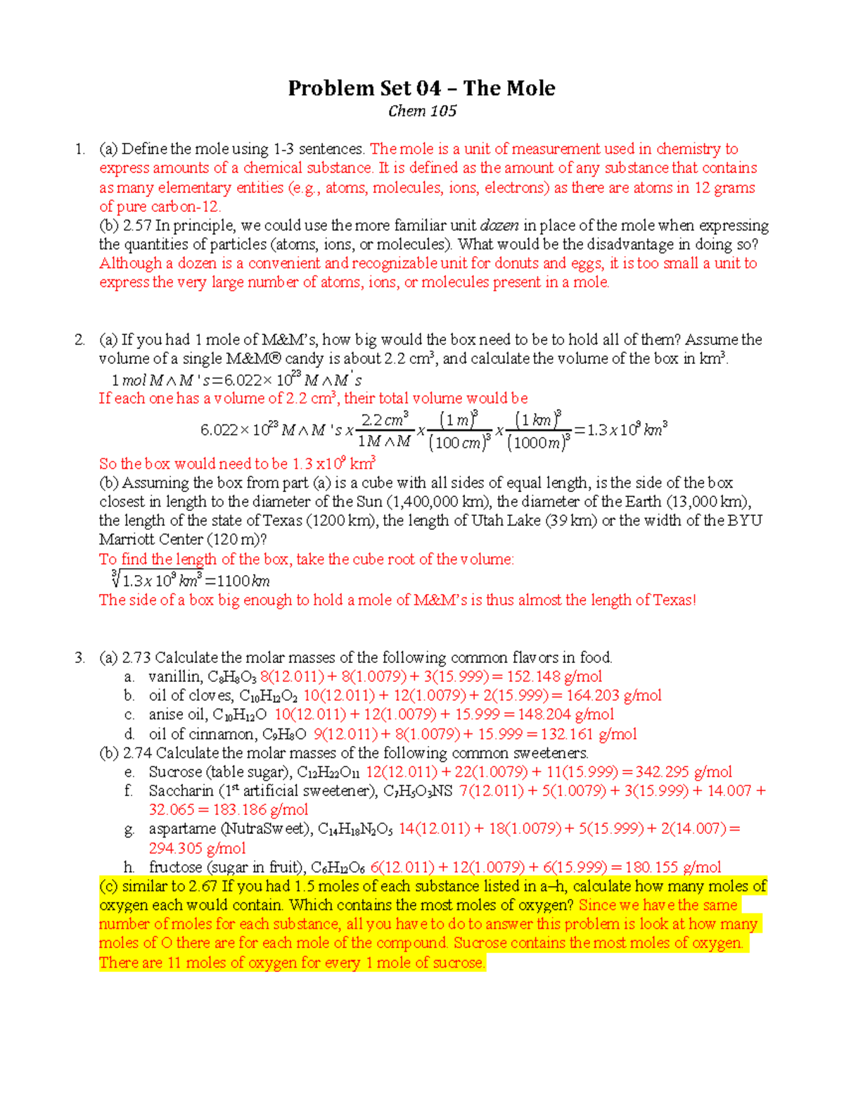Chem 105 Problem Set 04 Key - Mole Concepts & Calculations - Studocu