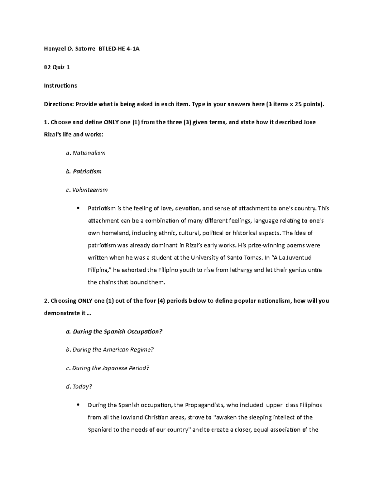 02 Quiz 1 - quiz - Hanyzel O. Satorre BTLED-HE 4-1A 02 Quiz 1 Instructions Directions: Provide ...
