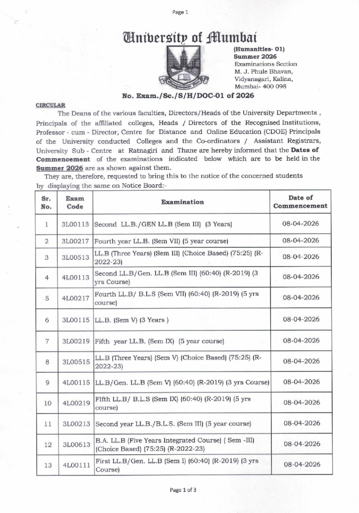 Summer 2026 Exam Schedule for Law Courses - University of Mumbai - Studocu