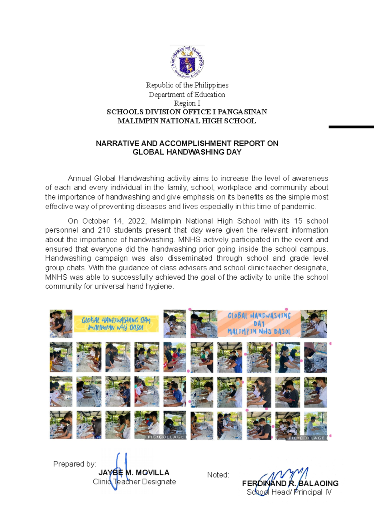 MNHS Dasol 2022 Handwashing Narrative Report - Republic of the ...