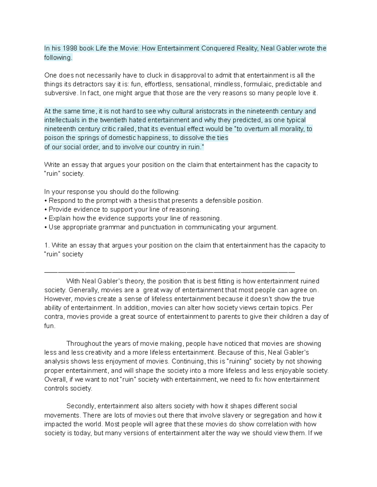 ENG 101: Essay on the Impact of Entertainment on Society - Studocu