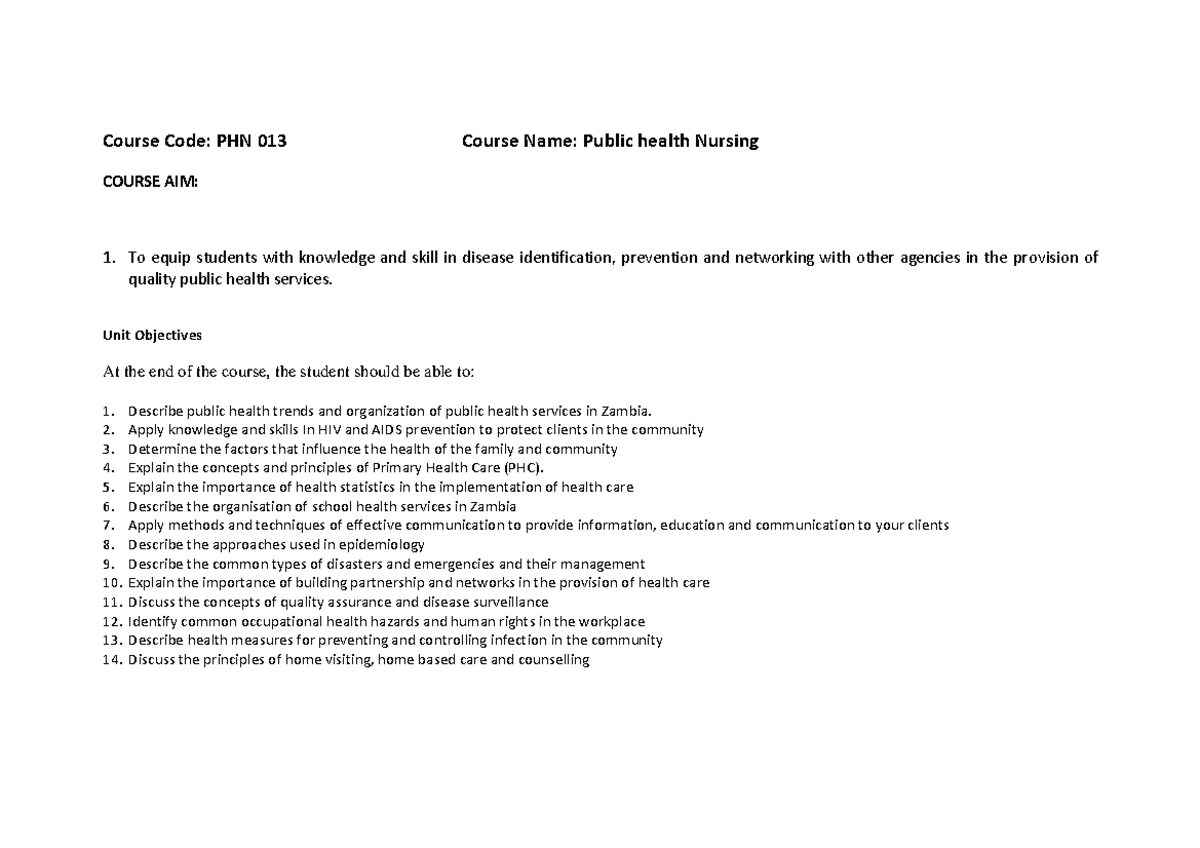 Public Health Nursing Course Outline (PHN 013) and Unit Objectives ...