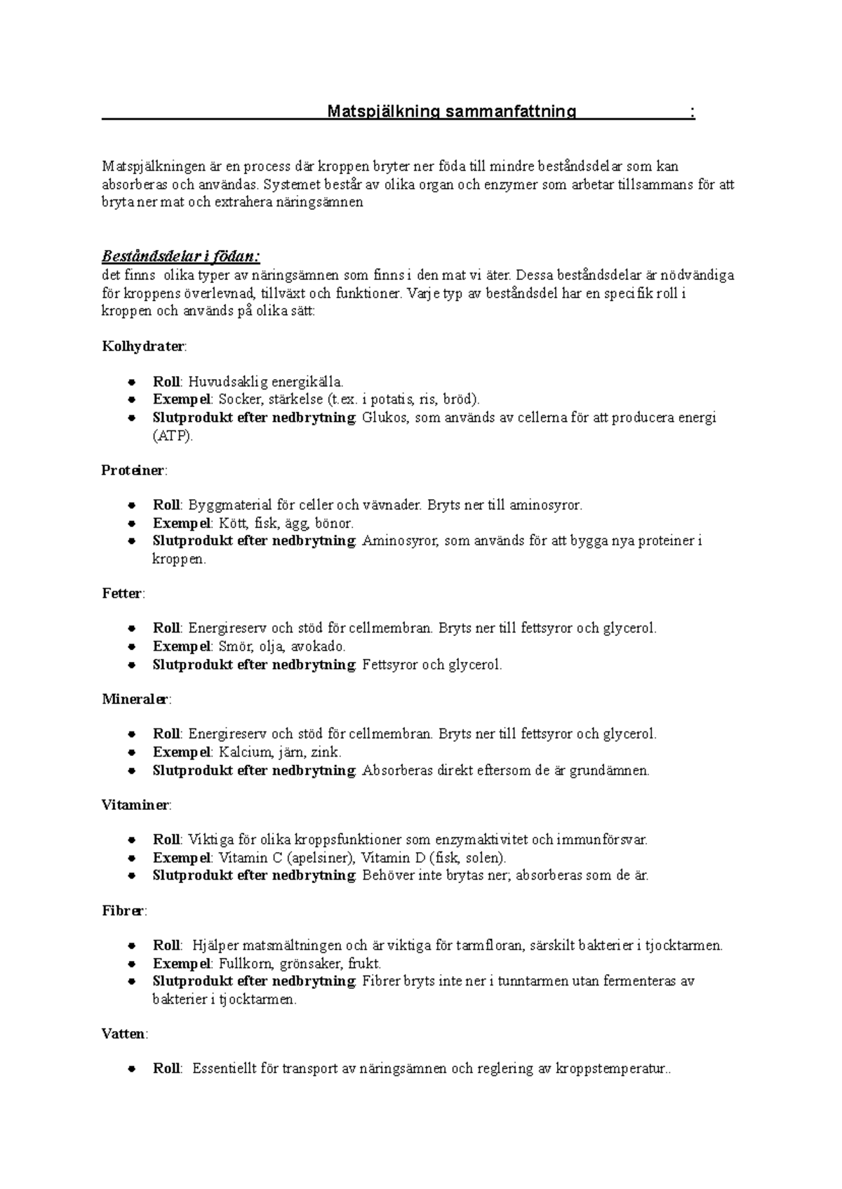 Sammanfattning av Matspjälkning och Näringsämnen 2023 - Studocu