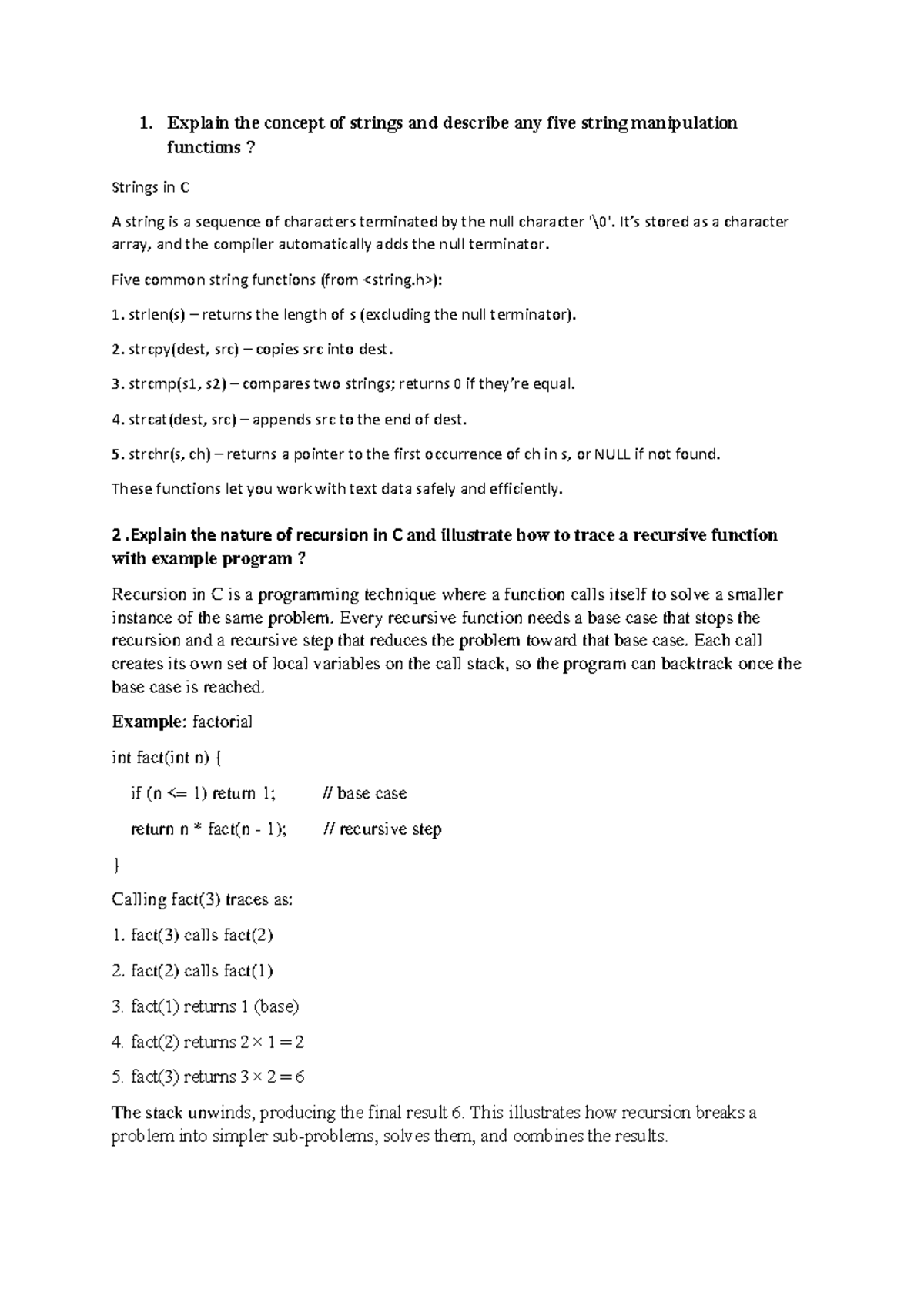 C Programming Concepts: Strings, Recursion, Structures, and More - Studocu