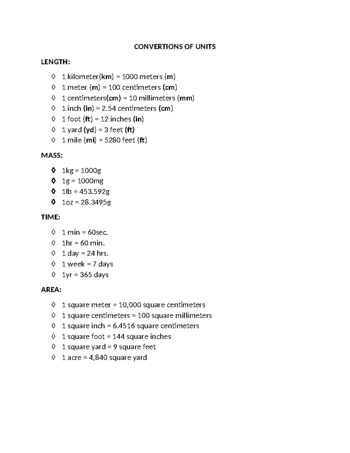 Convertions OF Units - CONVERTIONS OF UNITS LENGTH: 1 kilometer(km ...