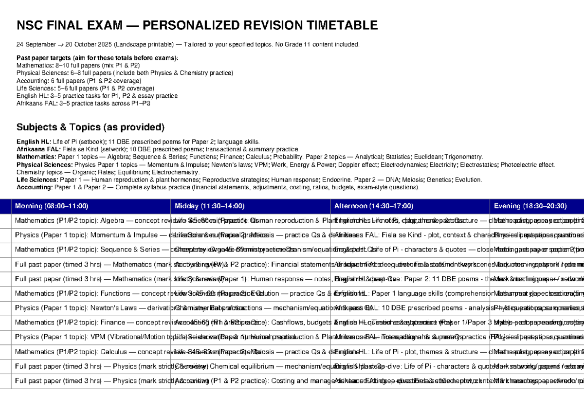 NSC FINAL EXAM PERSONALIZED REVISION TIMETABLE 2025 - Studeersnel