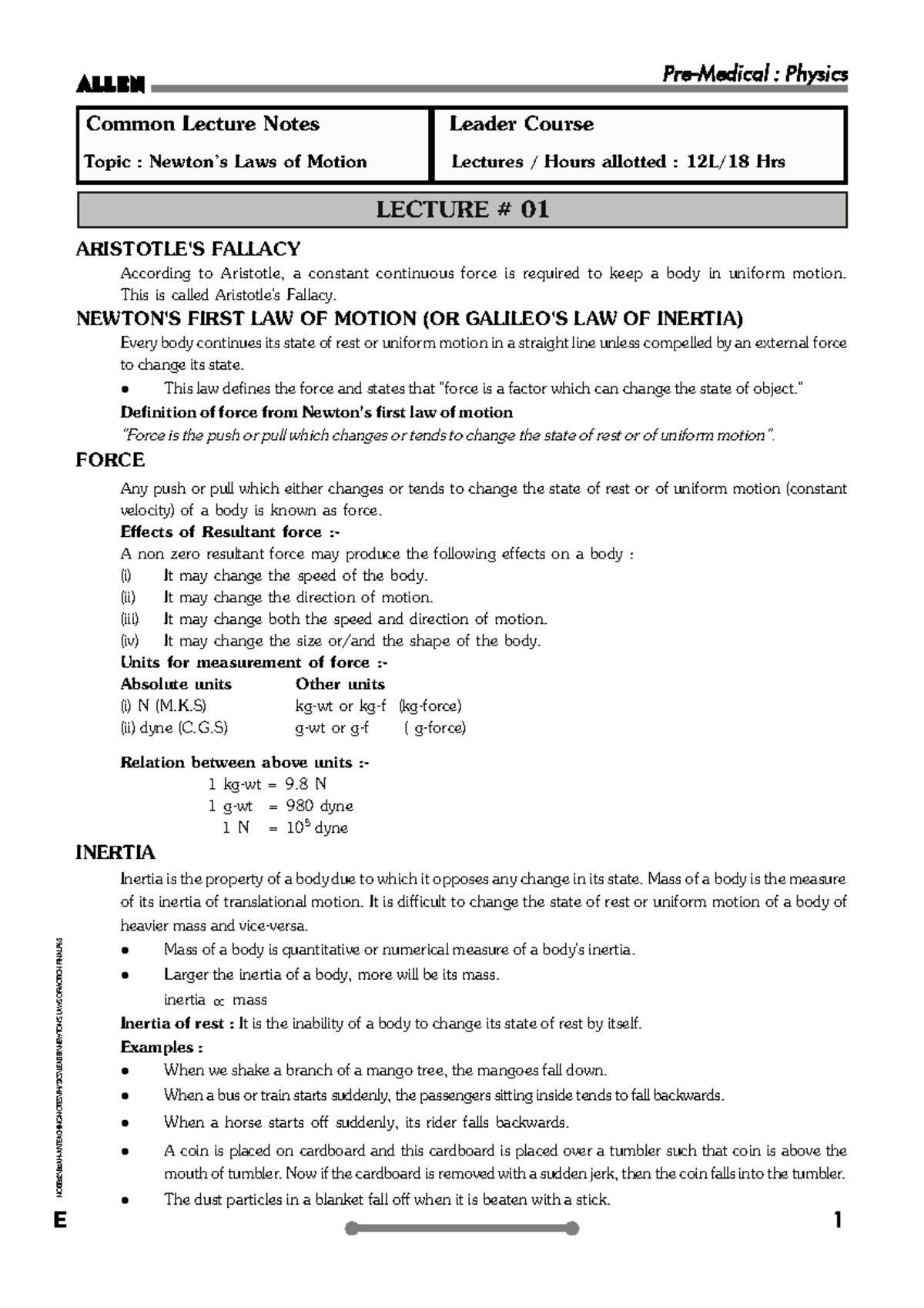 Physics ALLEN Laws of Motion Lecture Notes (NLM) - Studocu