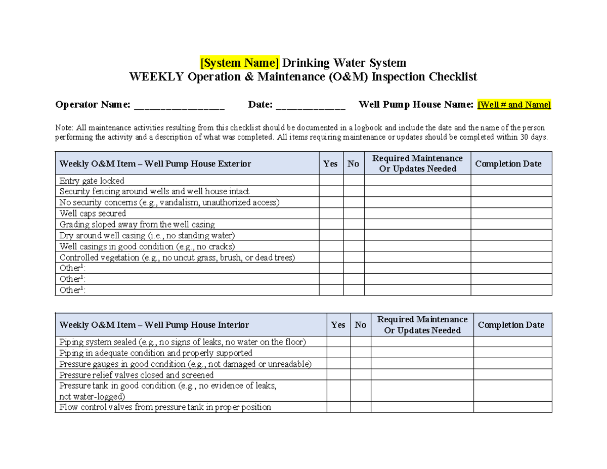 DW Weekly Inspection Checklist for Water System Operations - Studocu