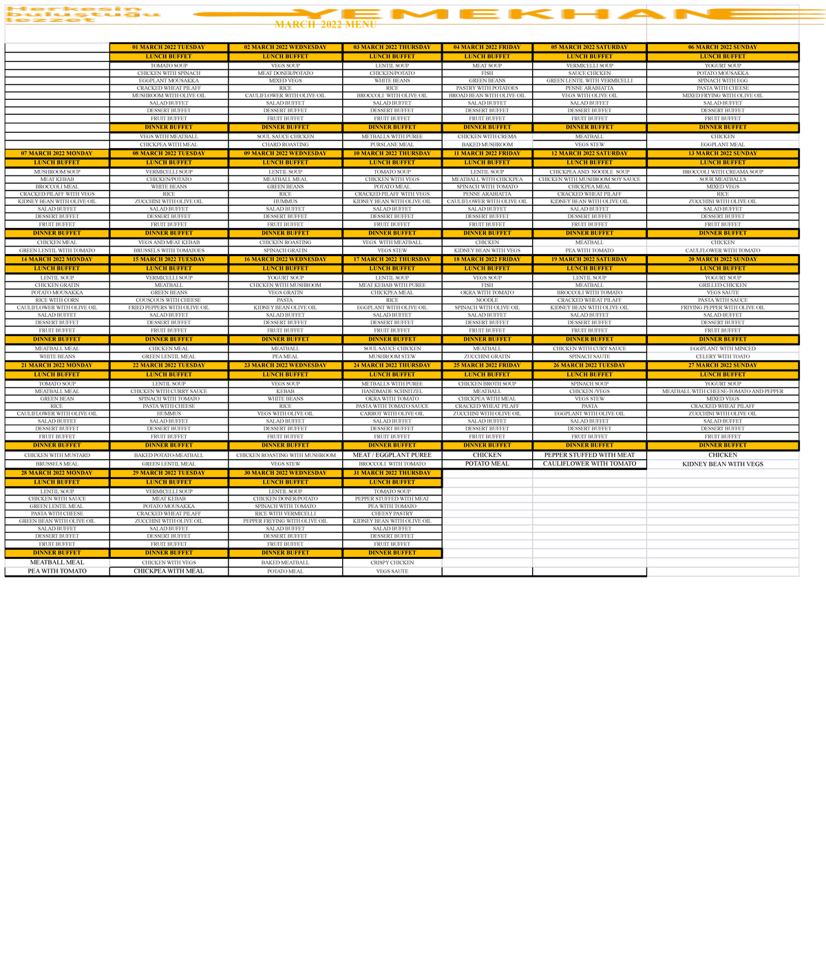 Ingilizce Mart 2022 Ayi Tabldot Yemek Monusu - MARCH 2022 MENU 01 MARCH ...