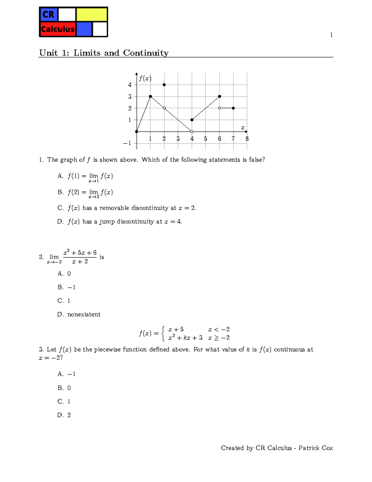 AP Calculus AB Unit 1: Limits and Continuity Multiple Choice Questions - Studocu