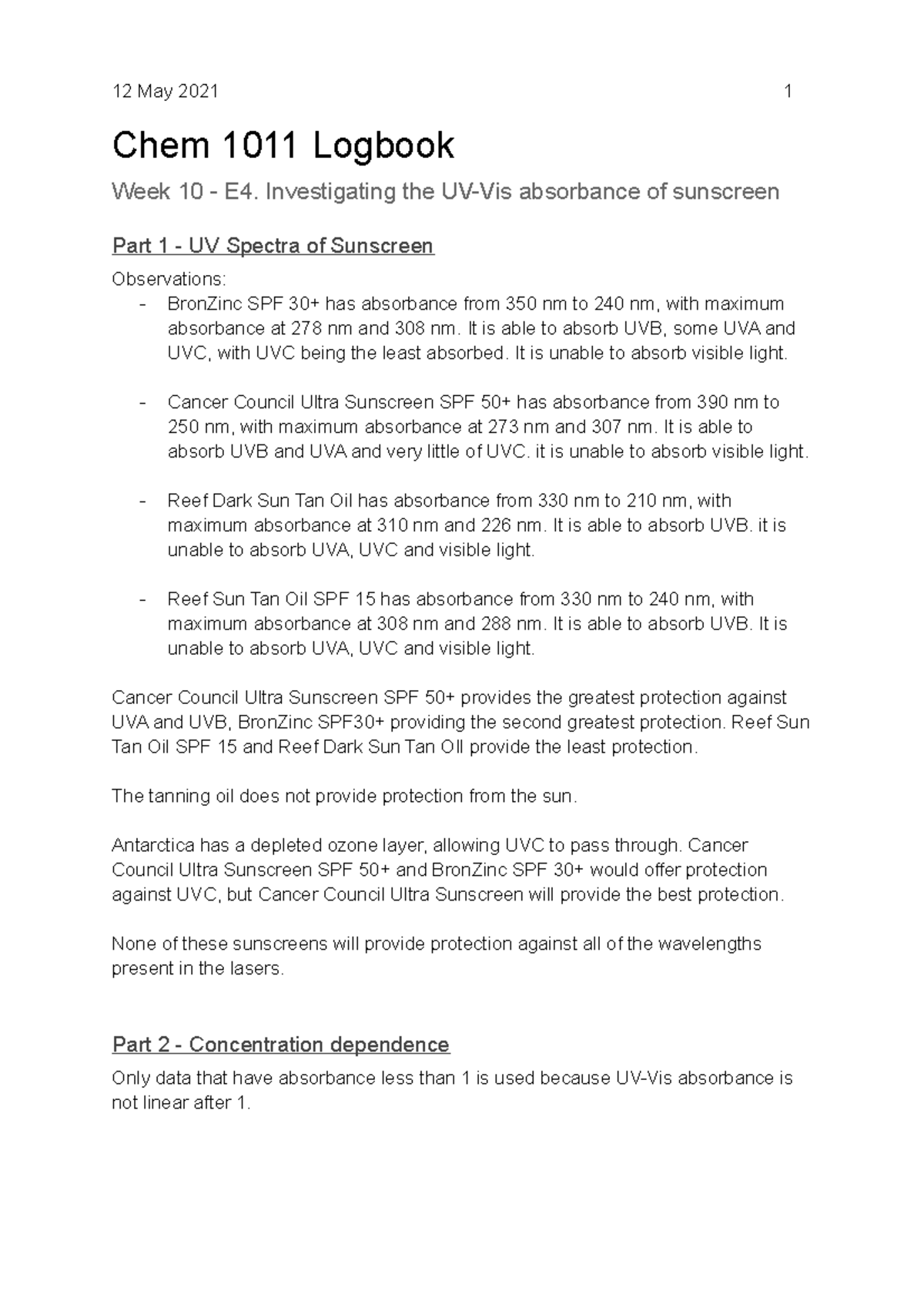 Chem 1011 Logbook: UV-Vis Absorbance of Sunscreens Analysis - Studocu