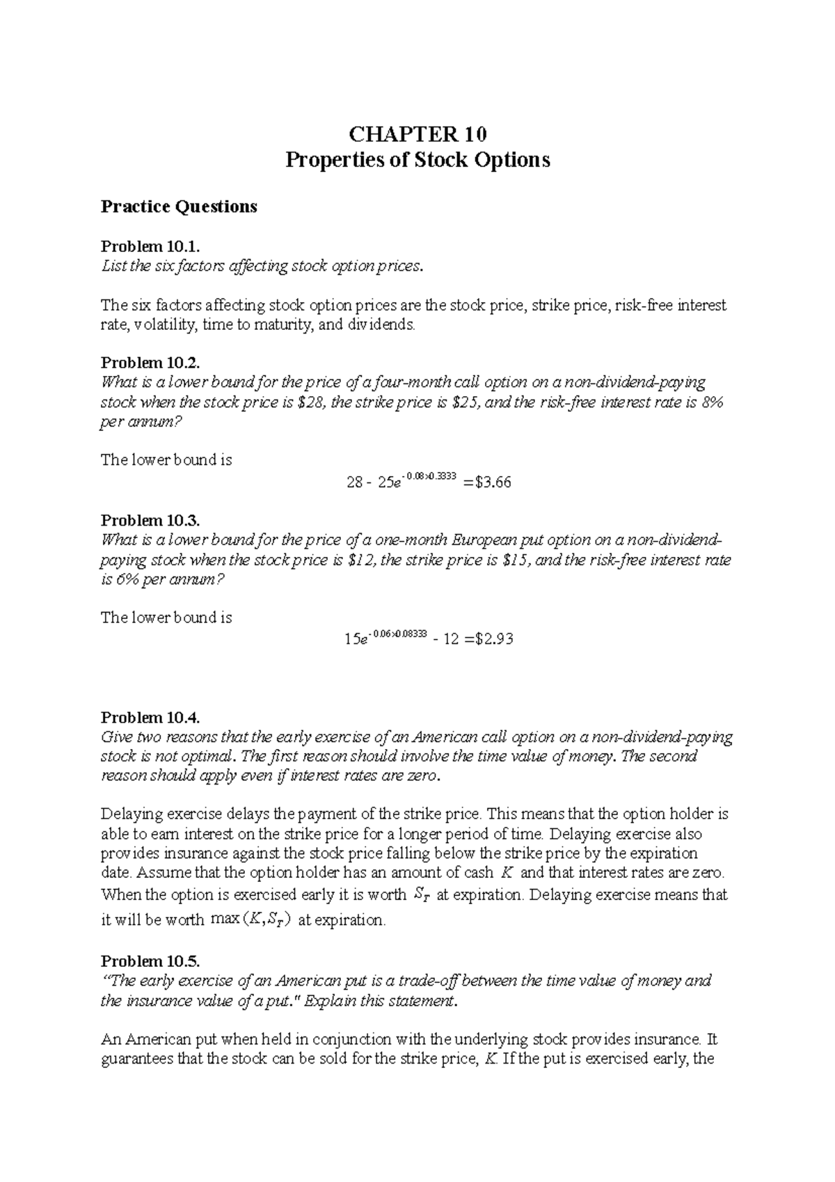 Chapter 10: Properties of Stock Options - Practice Questions and ...