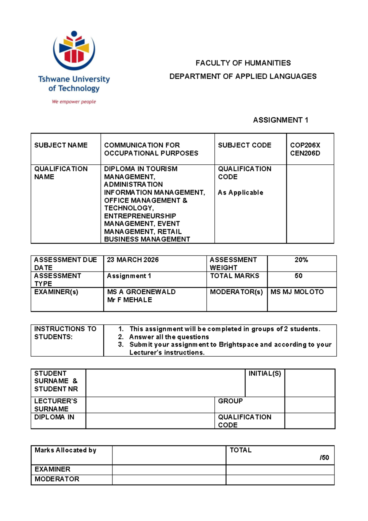 2026 Assignment 1: Communication for Occupational Purposes (COP206X ...