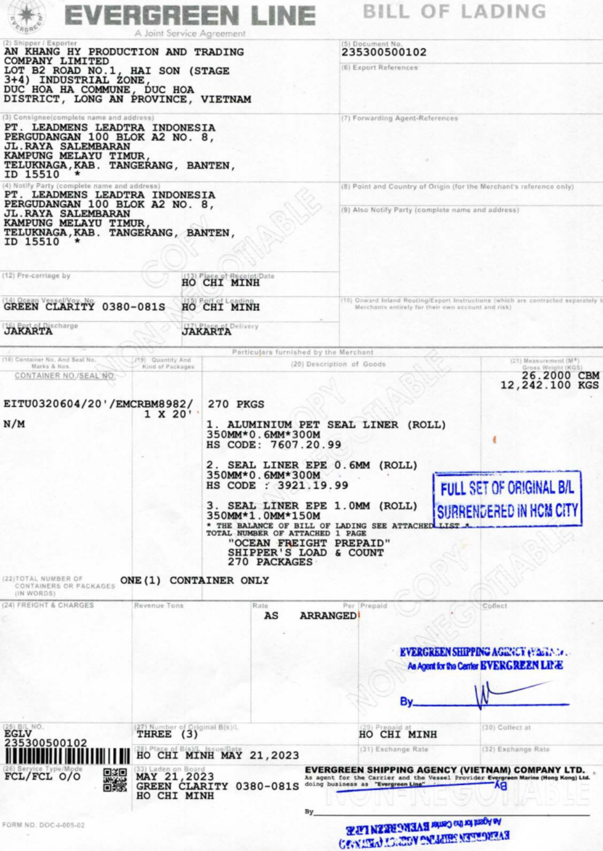 EVERGREEN MBL Bill of Lading - Joint Service Agreement Details - Studocu