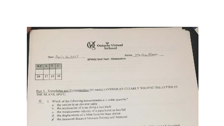 OVS SPH4U Physics 12 Unit 0 Test: Kinematics Knowledge Questions - Studocu