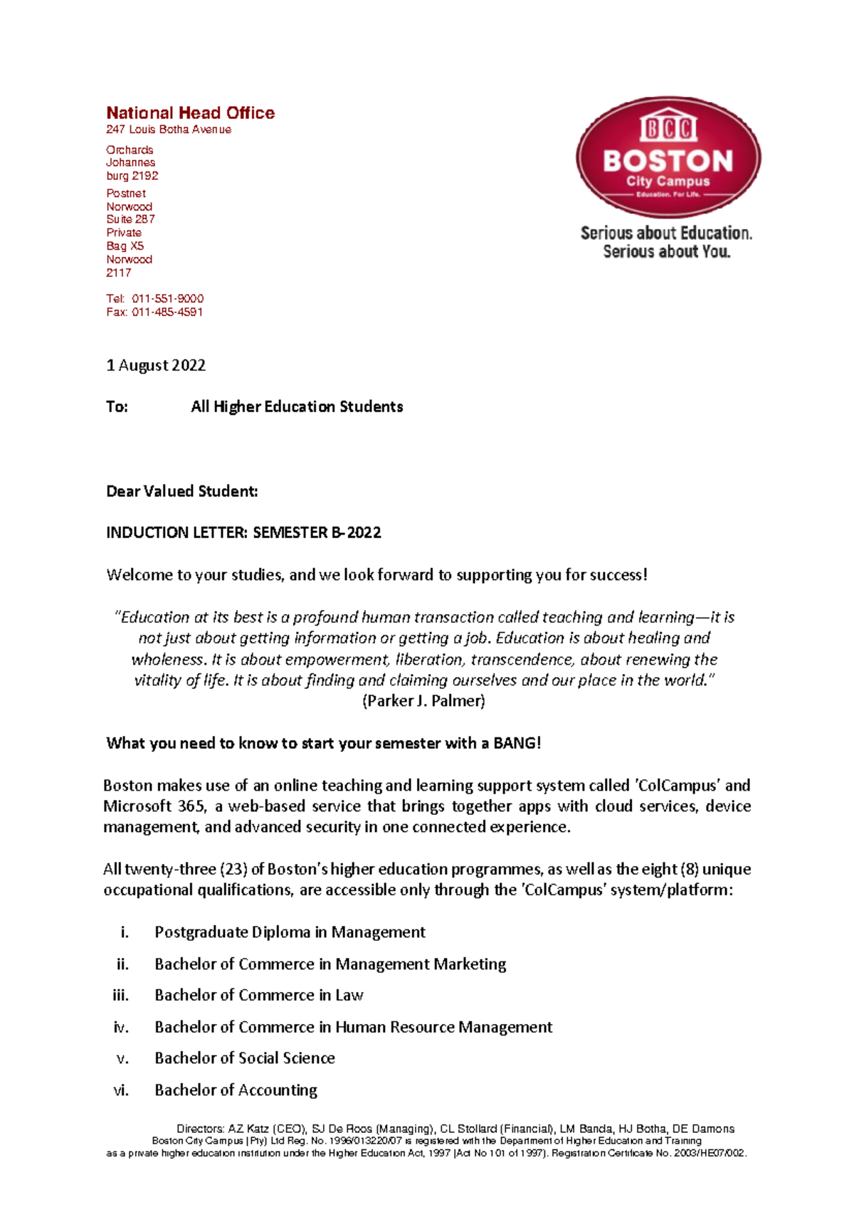 HE Student Induction Letter - Semester B 2022 Guide for Success - Studocu