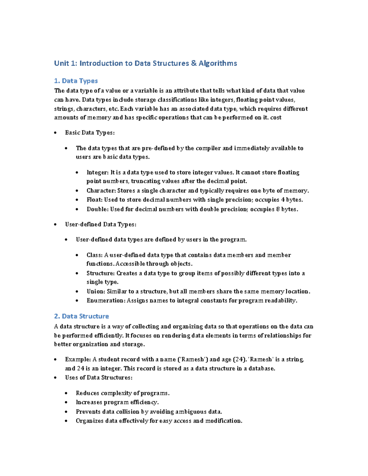 Unit 1: Intro to Data Structures & Algorithms - DSA Overview - Studocu