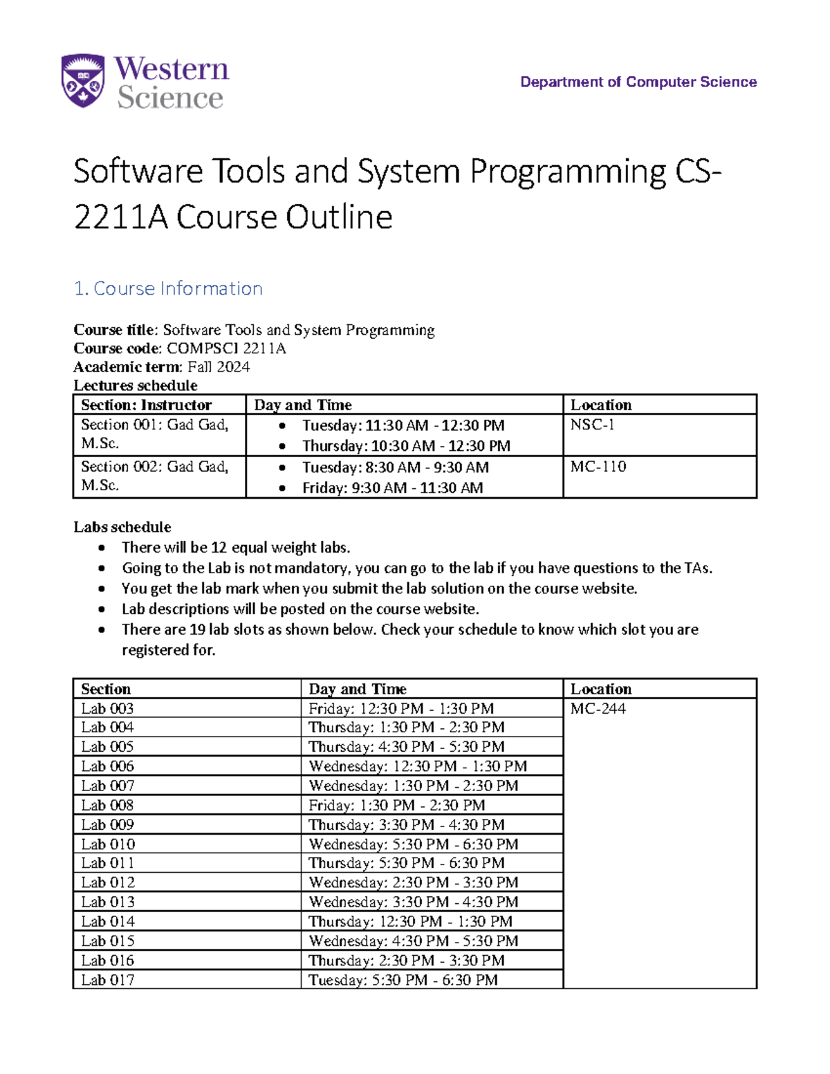 CS2211A Software Tools & System Programming Course Outline - Fall 2024 ...