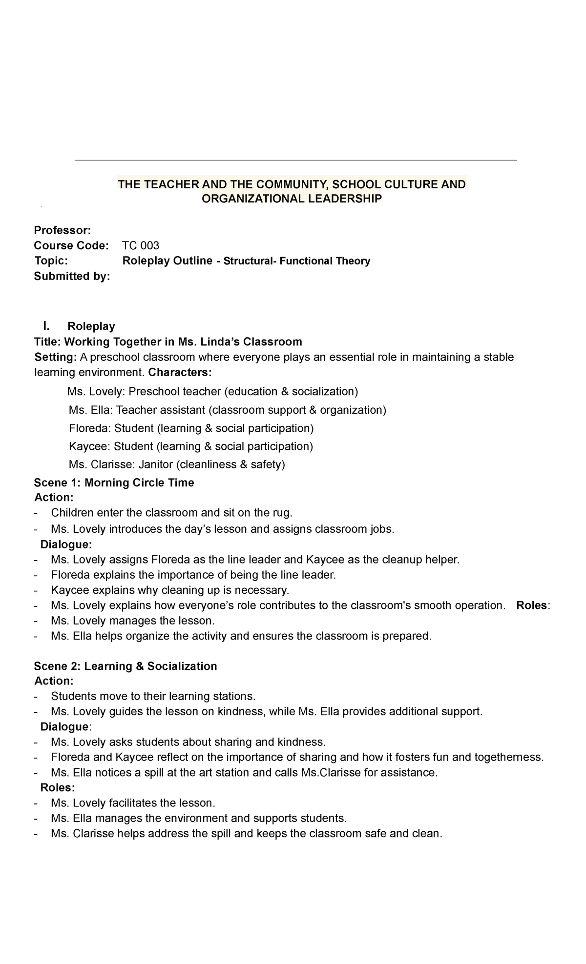 Structural-Functional Theory Roleplay Outline - THE TEACHER AND THE ...