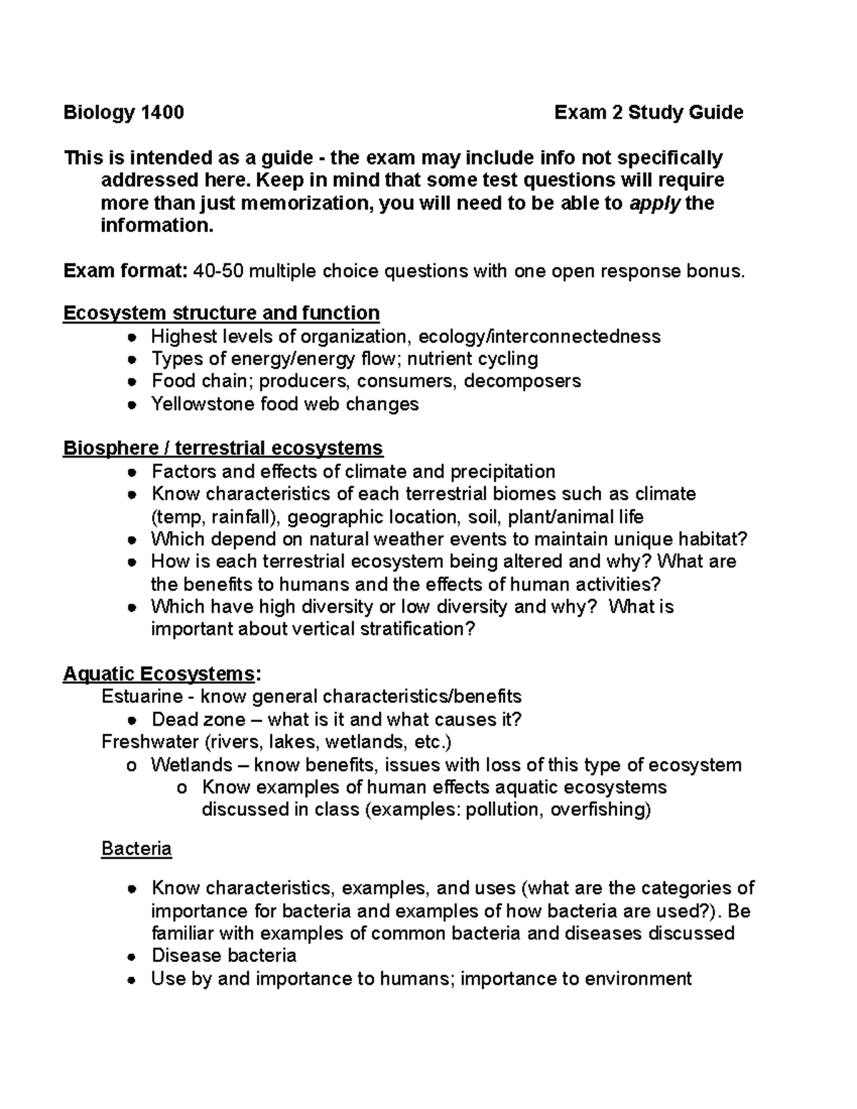 Biology 1400 Exam 2 Study Guide: Ecosystems & Microorganisms Insights ...