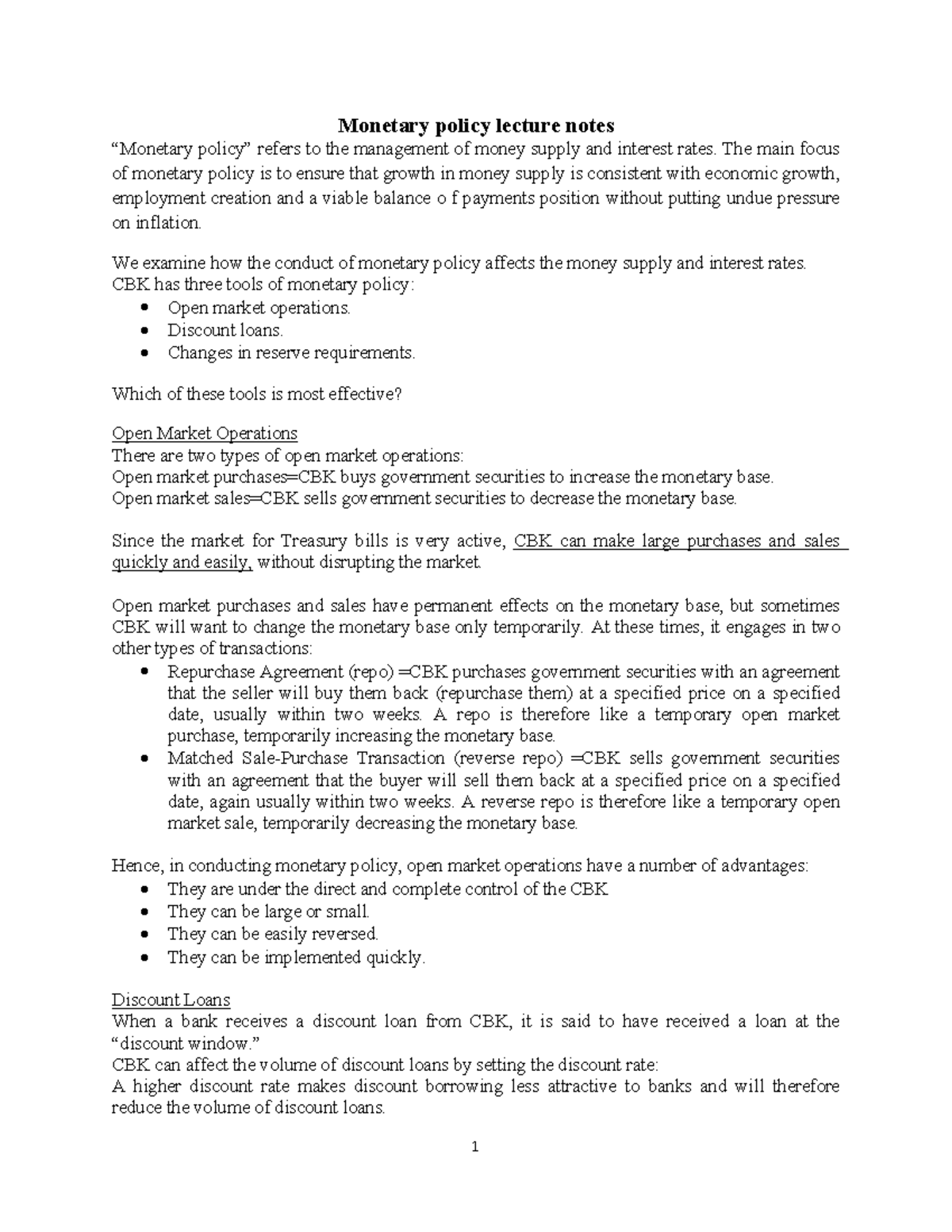 Monetary Policy and Targeting Lecture Notes (ECO 101) - Studocu
