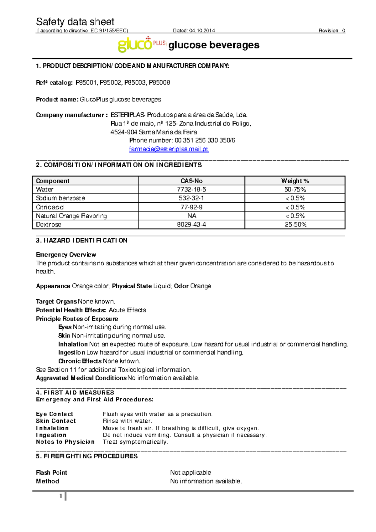 MSDS for GlucoPlus (P85001-P85003) - Topstar Glucose Beverages - Studocu