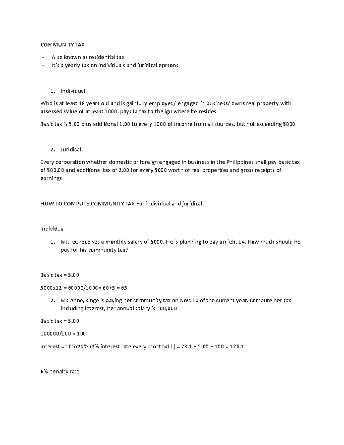 Community TAX - notes - COMMUNITY TAX Also known as residential tax It ...