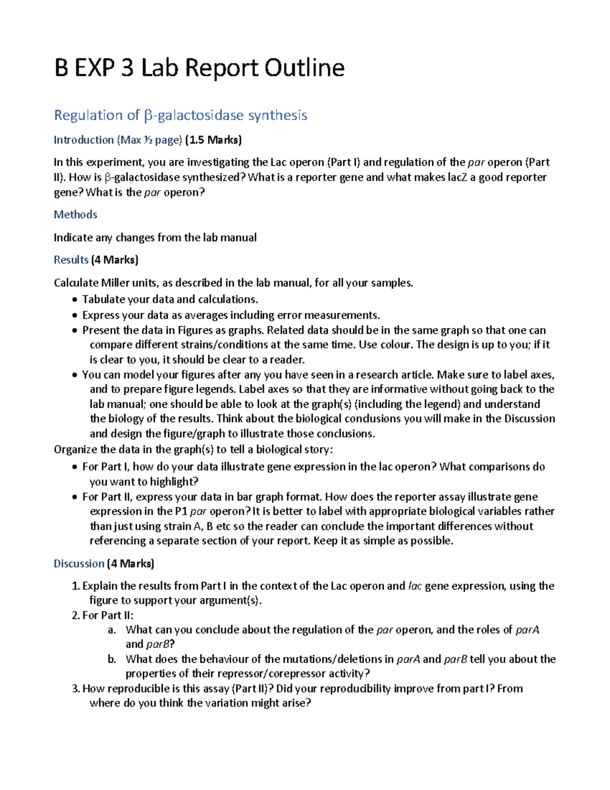 B EXP 3 Lab Report: Regulation of Lac and Par Operons - Studocu