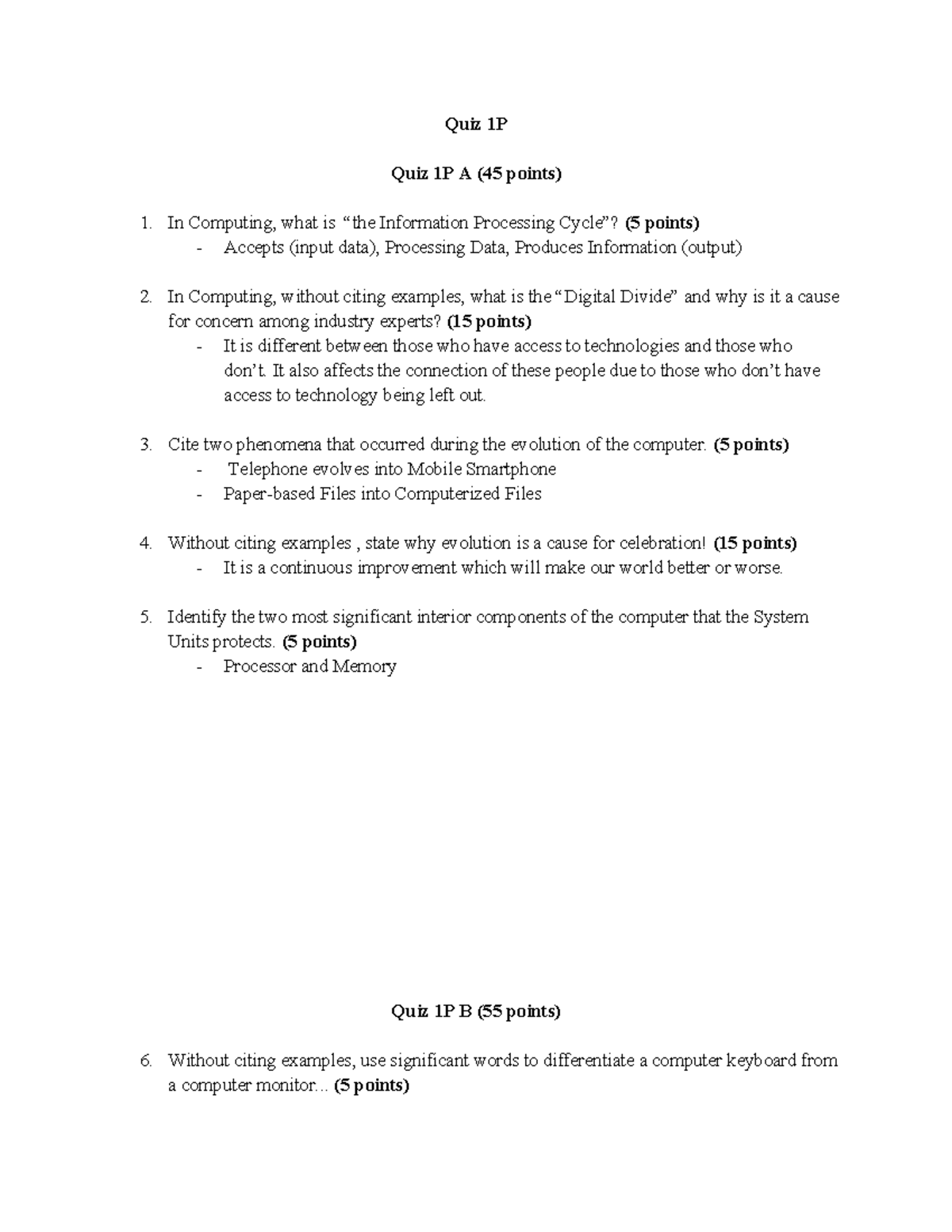 QUIZ1P - LVT - Quiz 1P Quiz 1P A (45 points) In Computing, what is “the ...