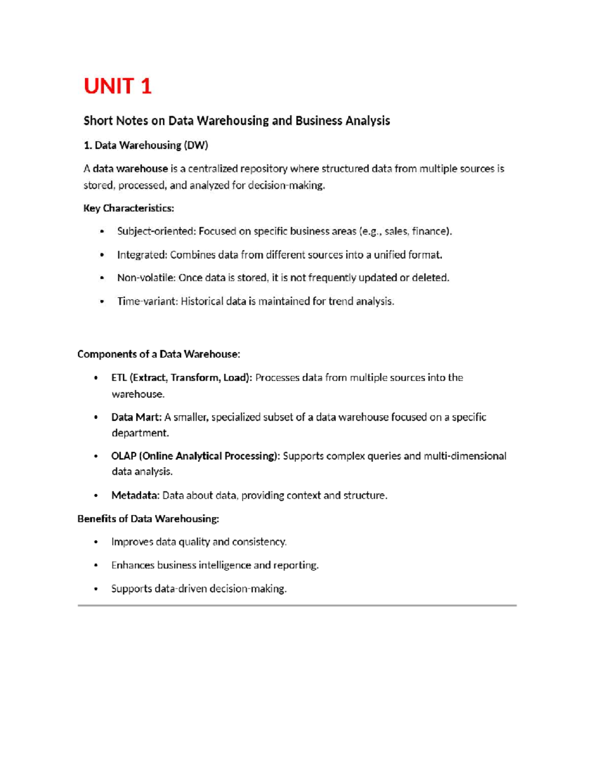 UNIT 1 Short Notes on Data Warehousing and Business Analysis - Studocu