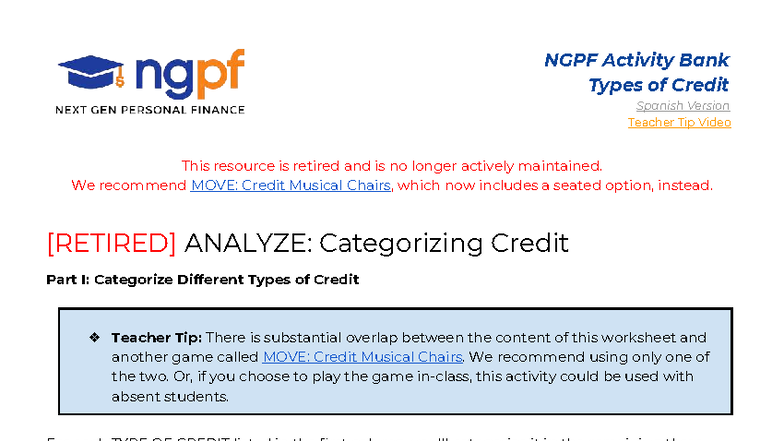NGPF Activity Bank: Analyzing Types of Credit (Retired) - Studocu