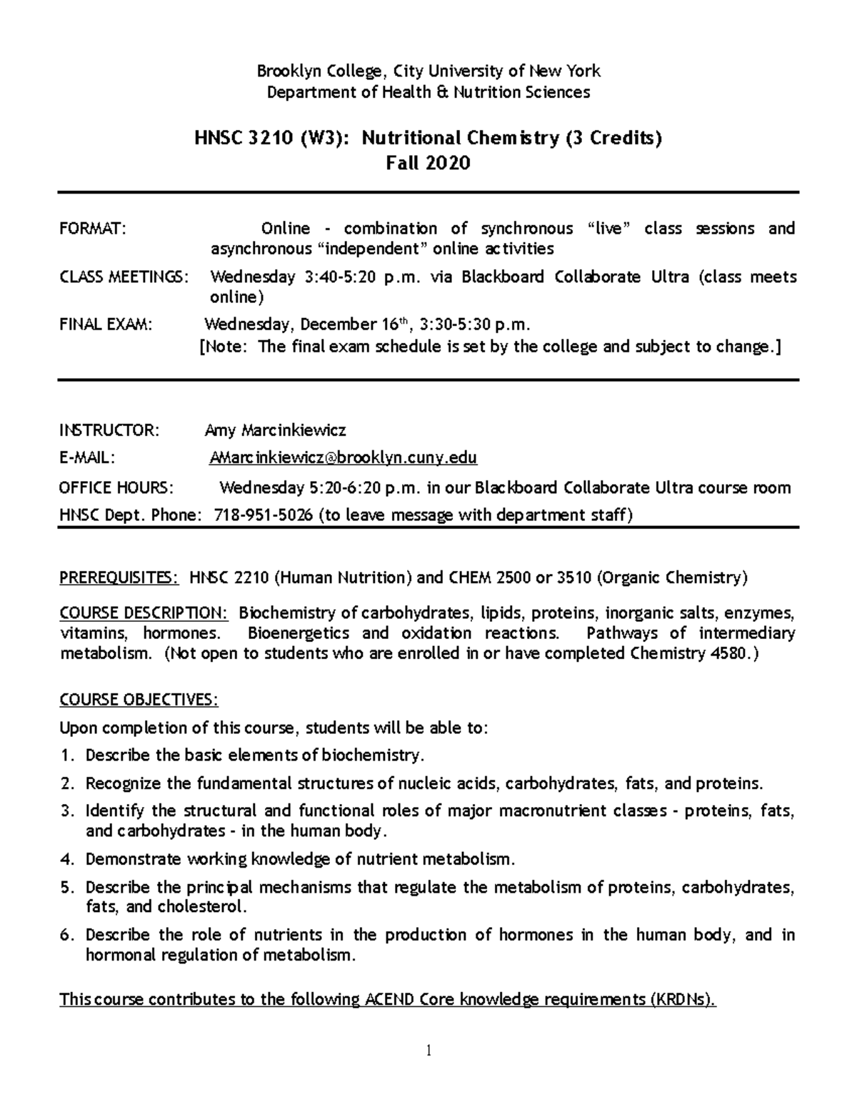 Brooklyn College HNSC 3210 Nutritional Chemistry Final Exam Syllabus ...