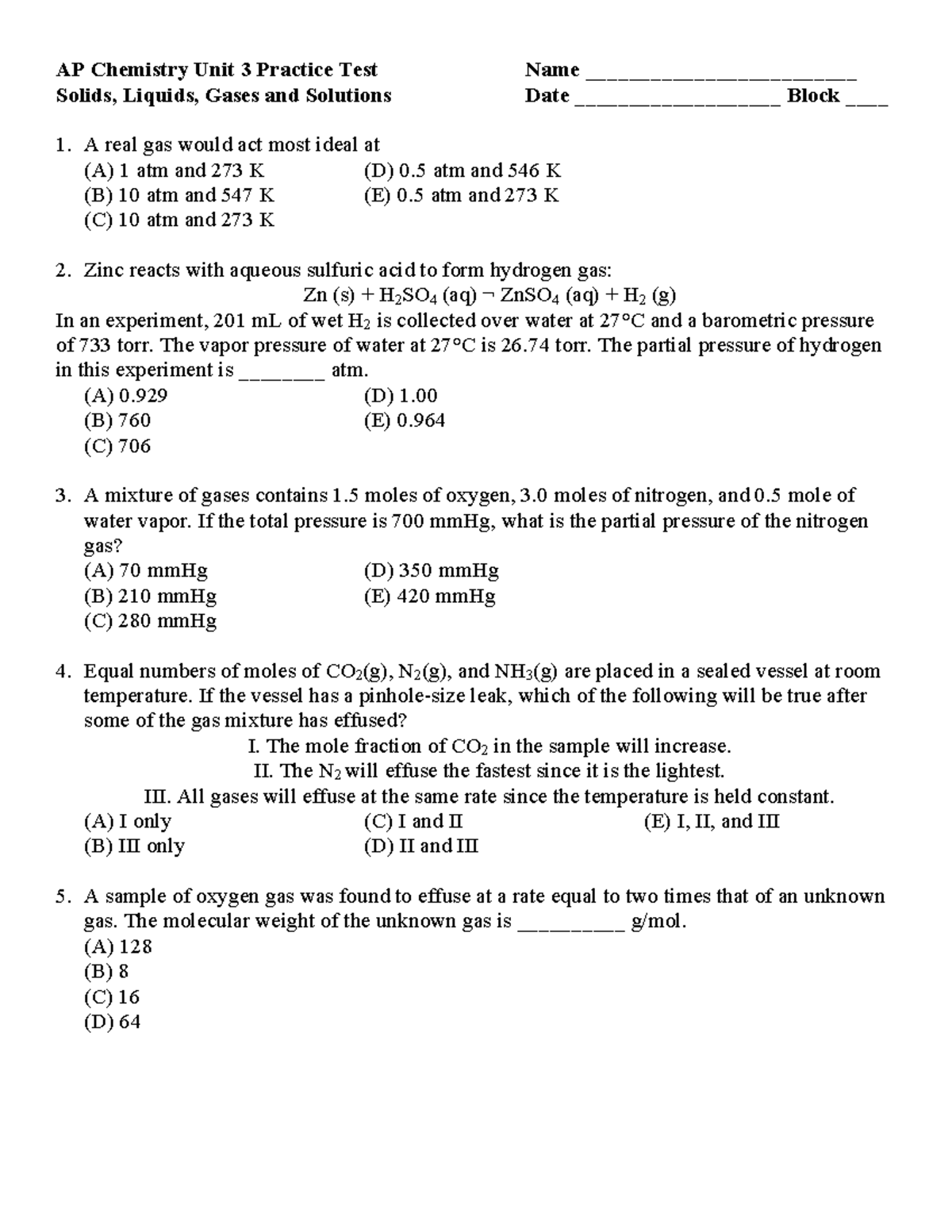 AP Chemistry Unit 3 Practice Test: Solids, Liquids, Gases & Solutions ...