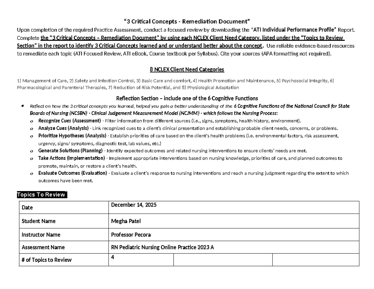 PEDS 2023 Critical Concepts Remediation and Reflection Guide - Studocu